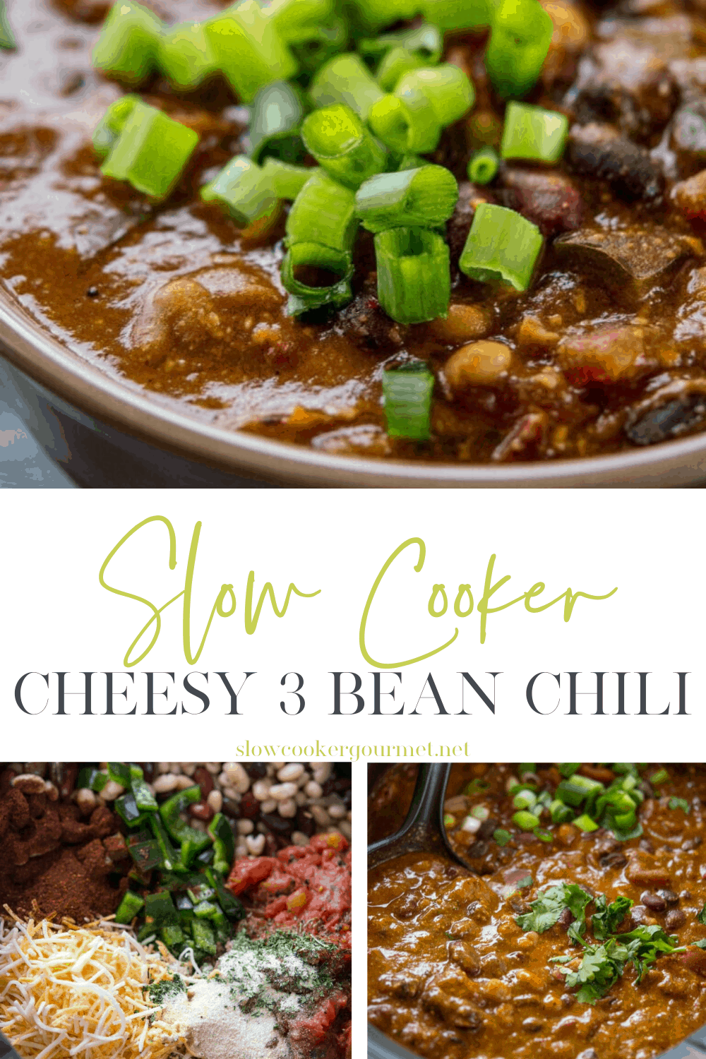 Slow Cooker Cheesy 3 Bean Chili - Slow Cooker Gourmet